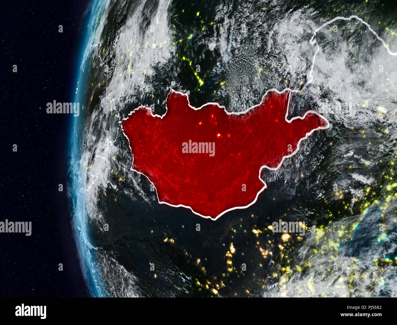 Mongolia at night with visible country borders. 3D illustration ...