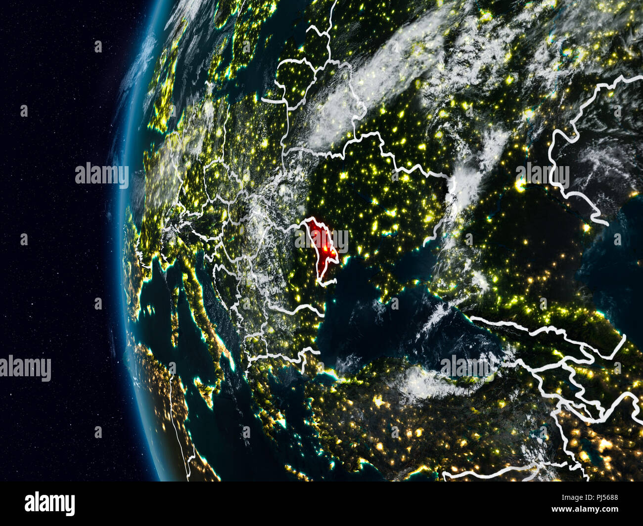 Moldova at night with visible country borders. 3D illustration ...