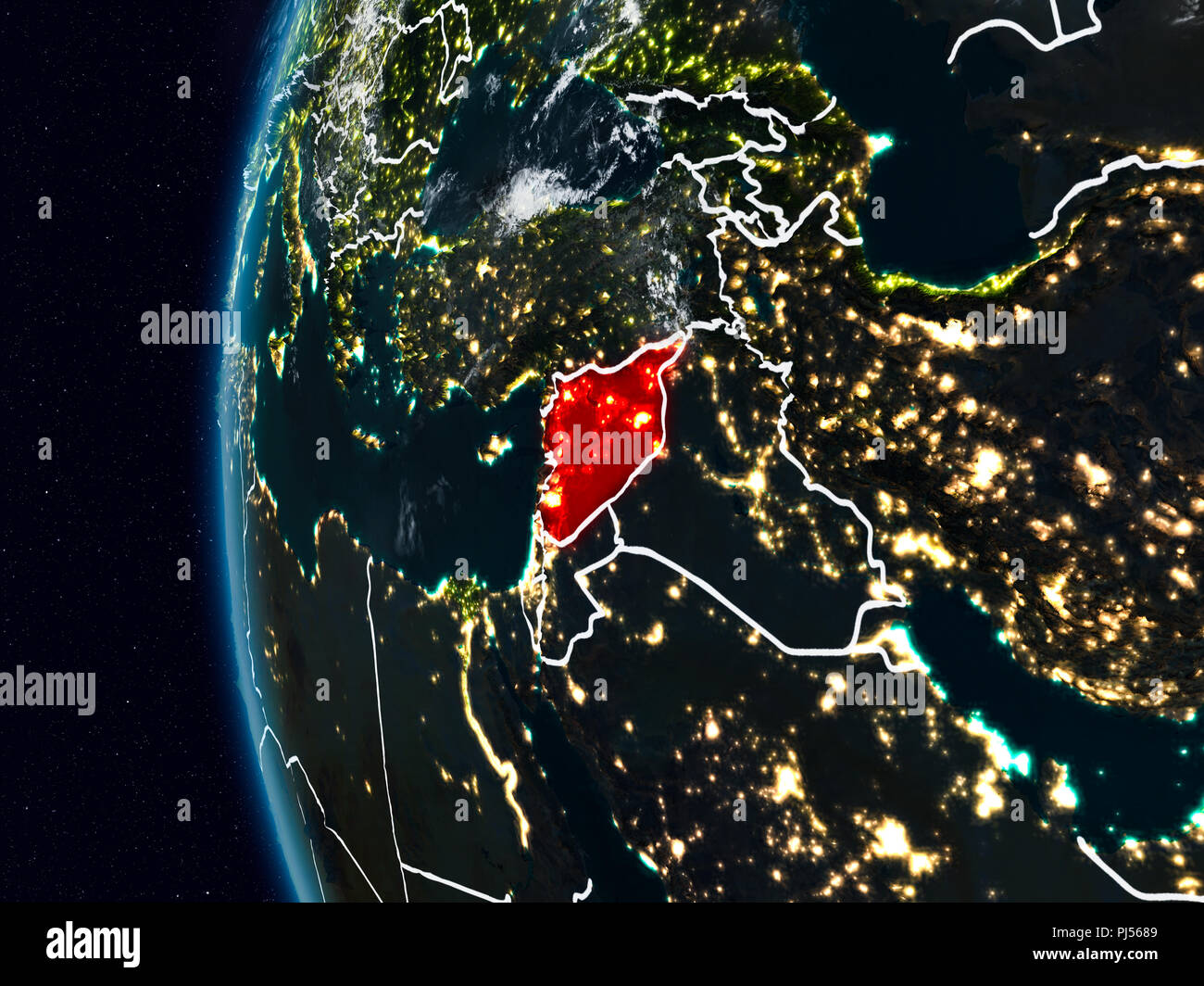 Syria at night with visible country borders. 3D illustration. Elements ...