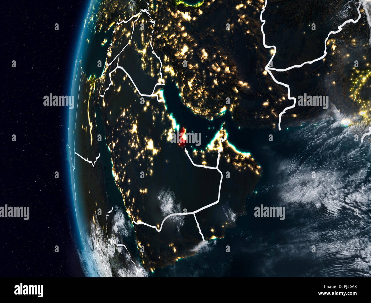 Qatar at night with visible country borders. 3D illustration. Elements ...