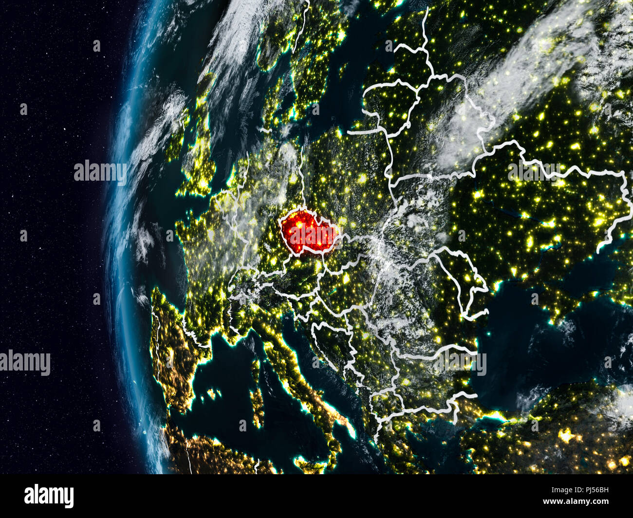 Czech republic at night with visible country borders. 3D illustration ...