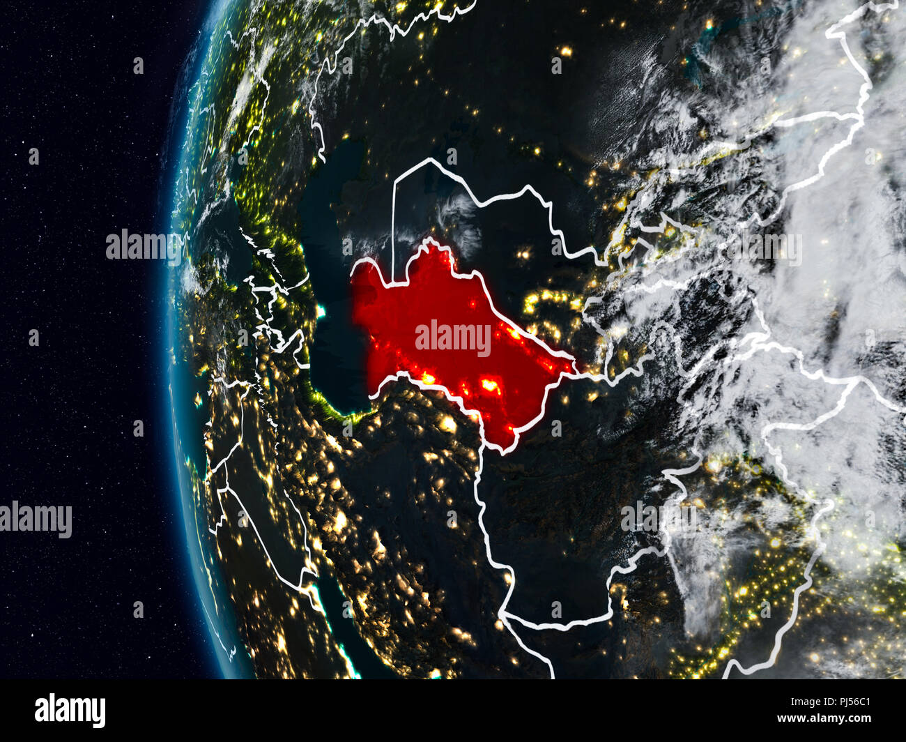 Turkmenistan at night with visible country borders. 3D illustration ...