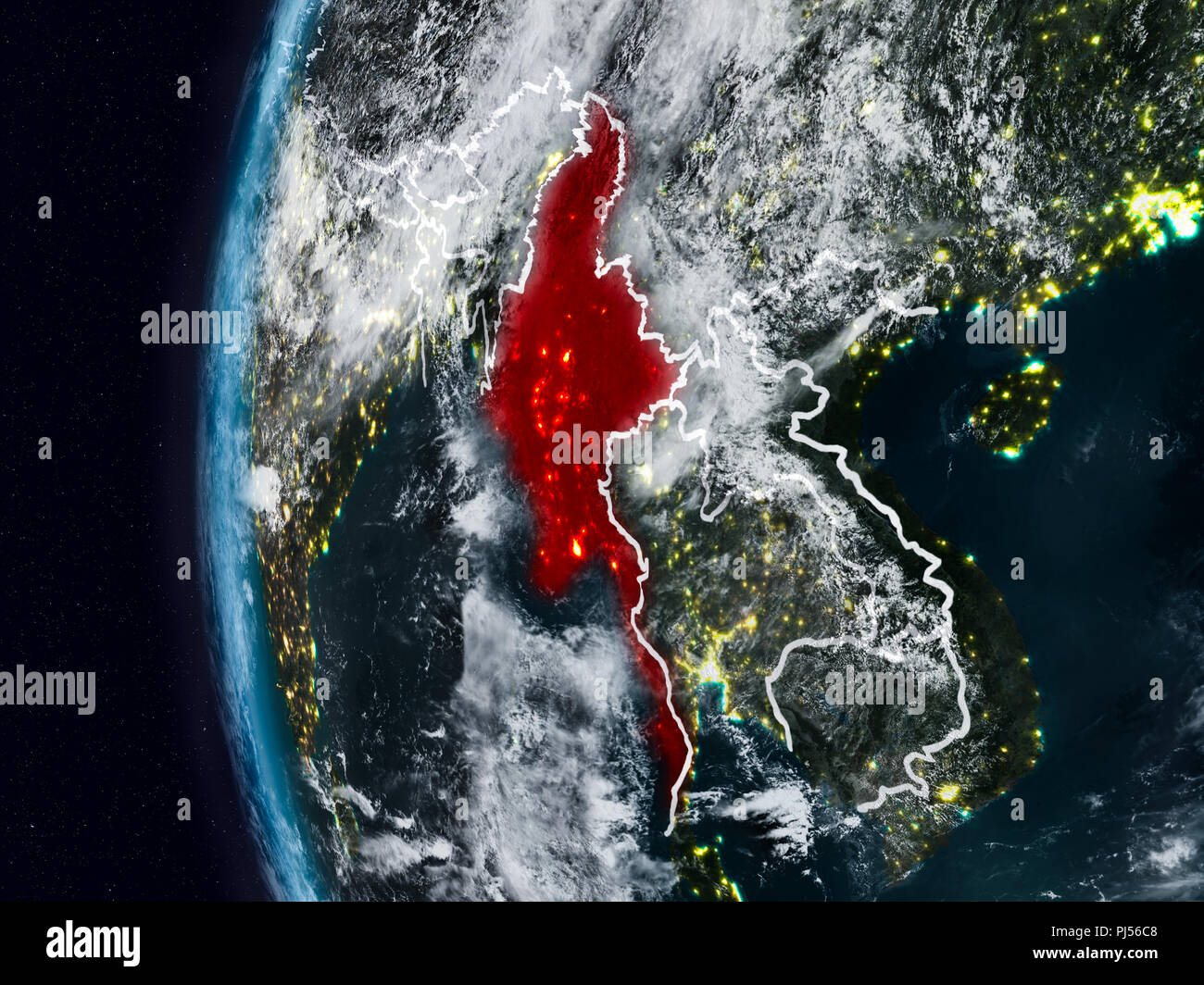 Myanmar at night with visible country borders. 3D illustration ...