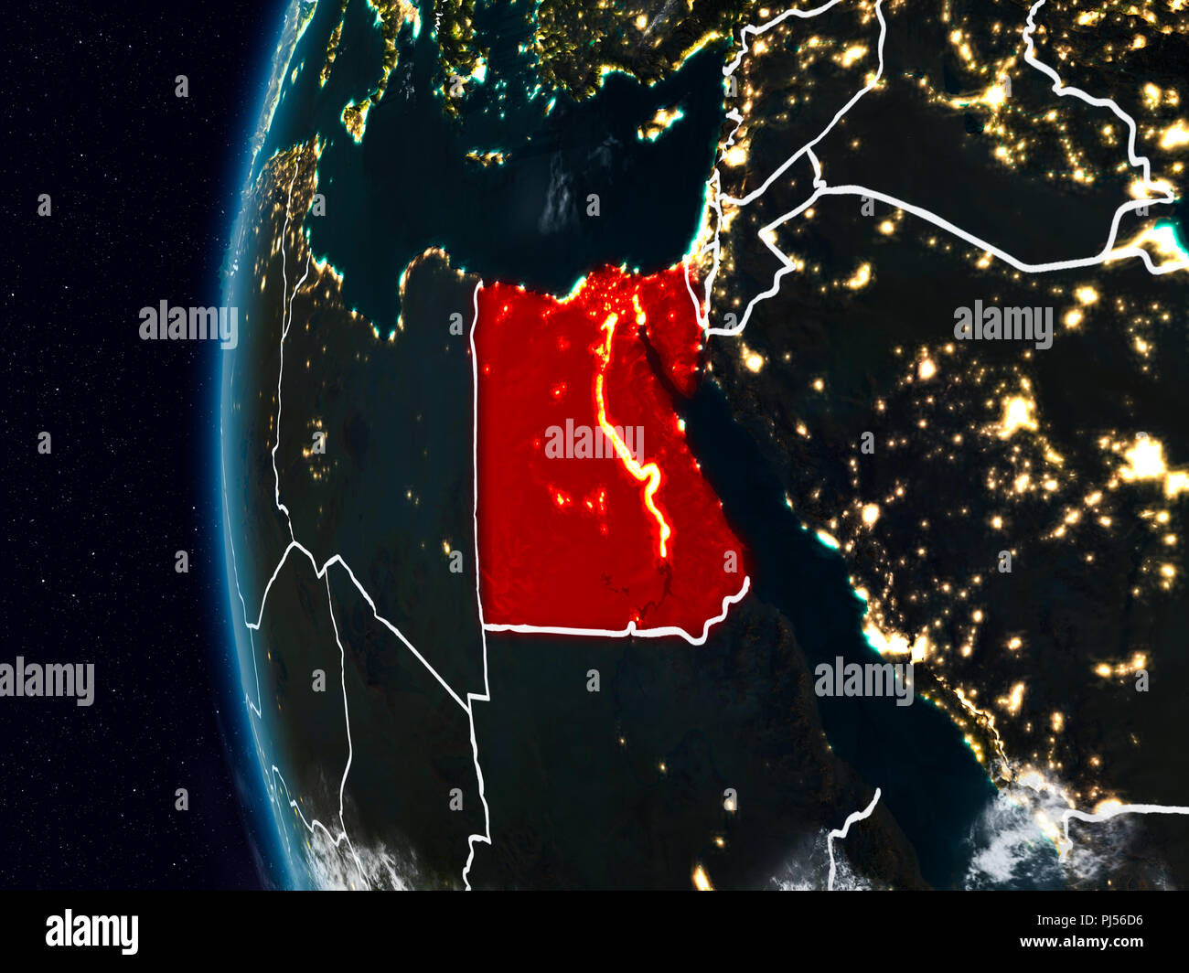 Egypt at night with visible country borders. 3D illustration. Elements ...