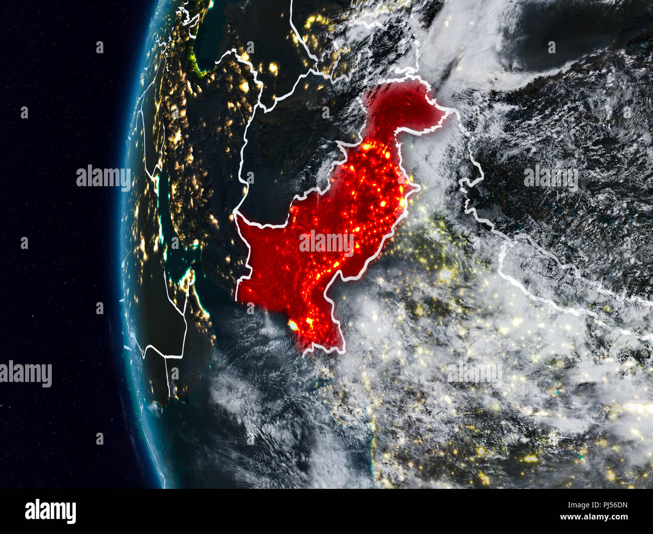 Pakistan at night with visible country borders. 3D illustration ...