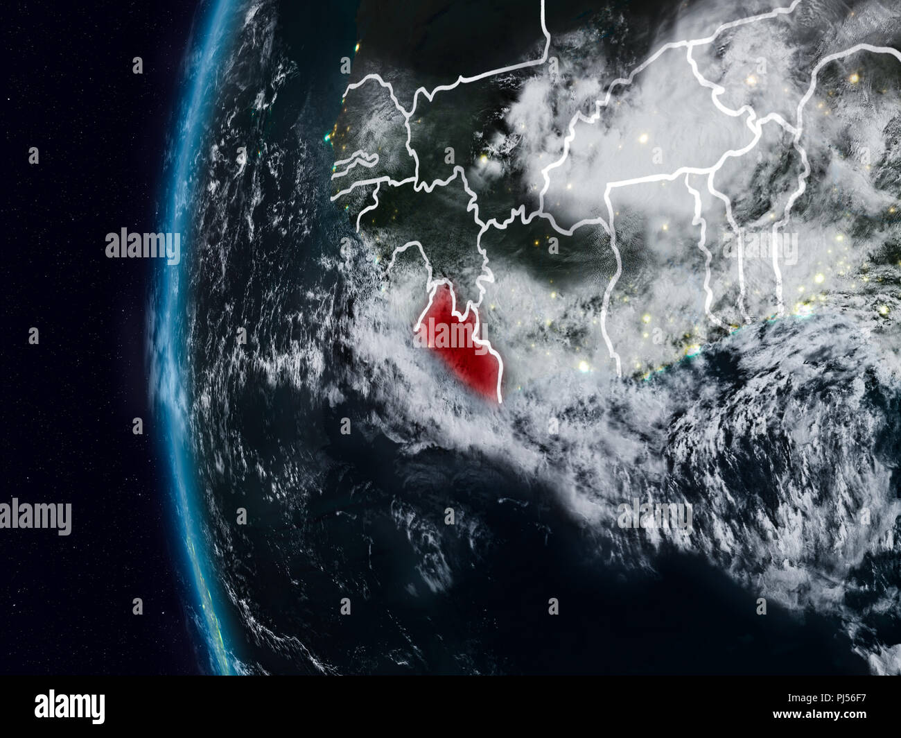 Liberia at night with visible country borders. 3D illustration ...