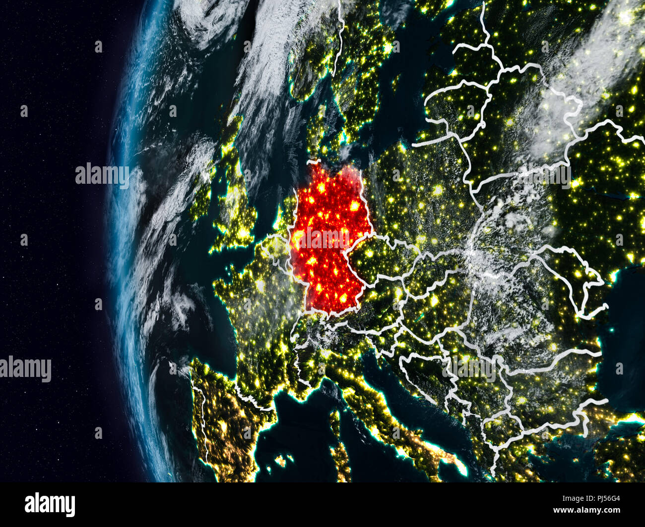 Germany at night with visible country borders. 3D illustration ...