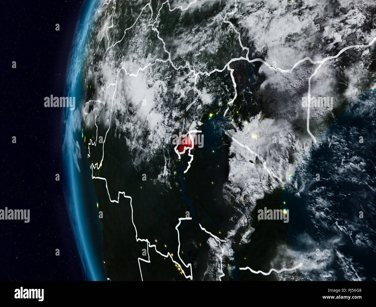 Rwanda at night with visible country borders. 3D illustration. Elements ...