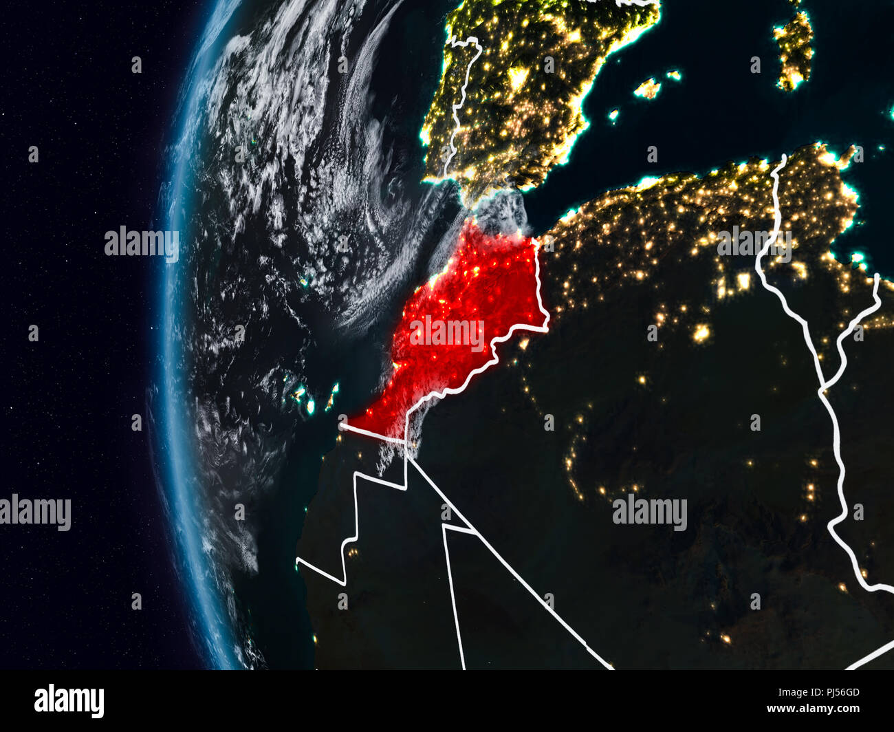 Morocco at night with visible country borders. 3D illustration ...