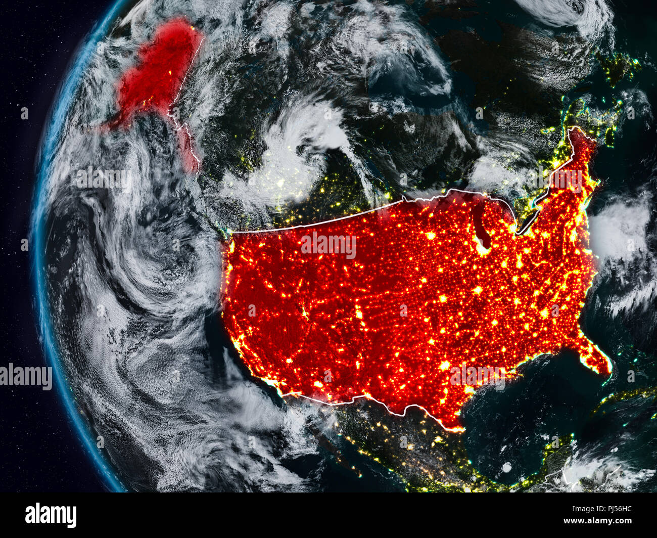 USA at night with visible country borders. 3D illustration. Elements of ...