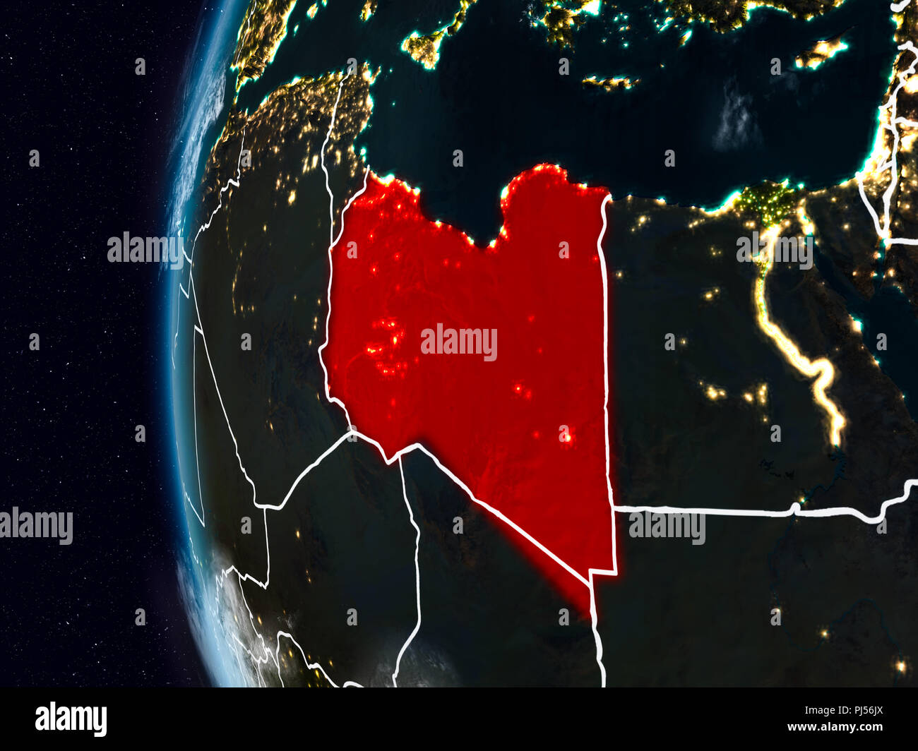 Libya at night with visible country borders. 3D illustration. Elements ...
