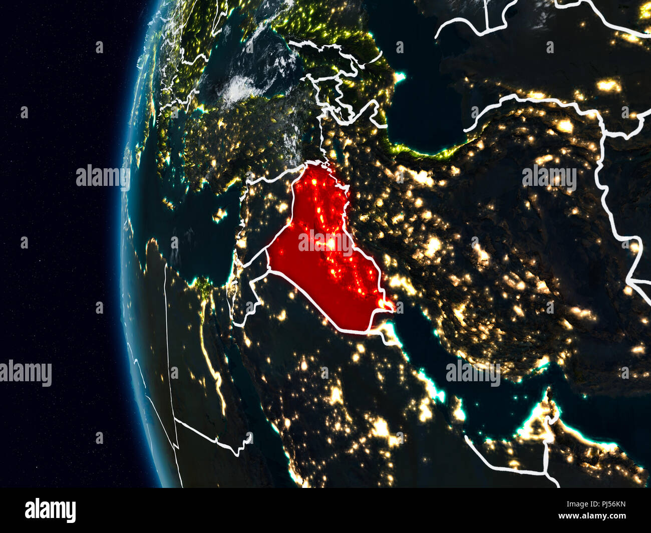 Iraq at night with visible country borders. 3D illustration. Elements ...