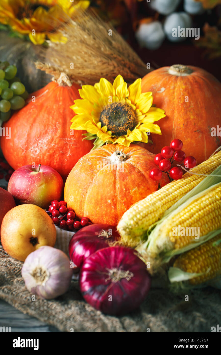 Happy Thanksgiving Day background, wooden table decorated with Pumpkins ...
