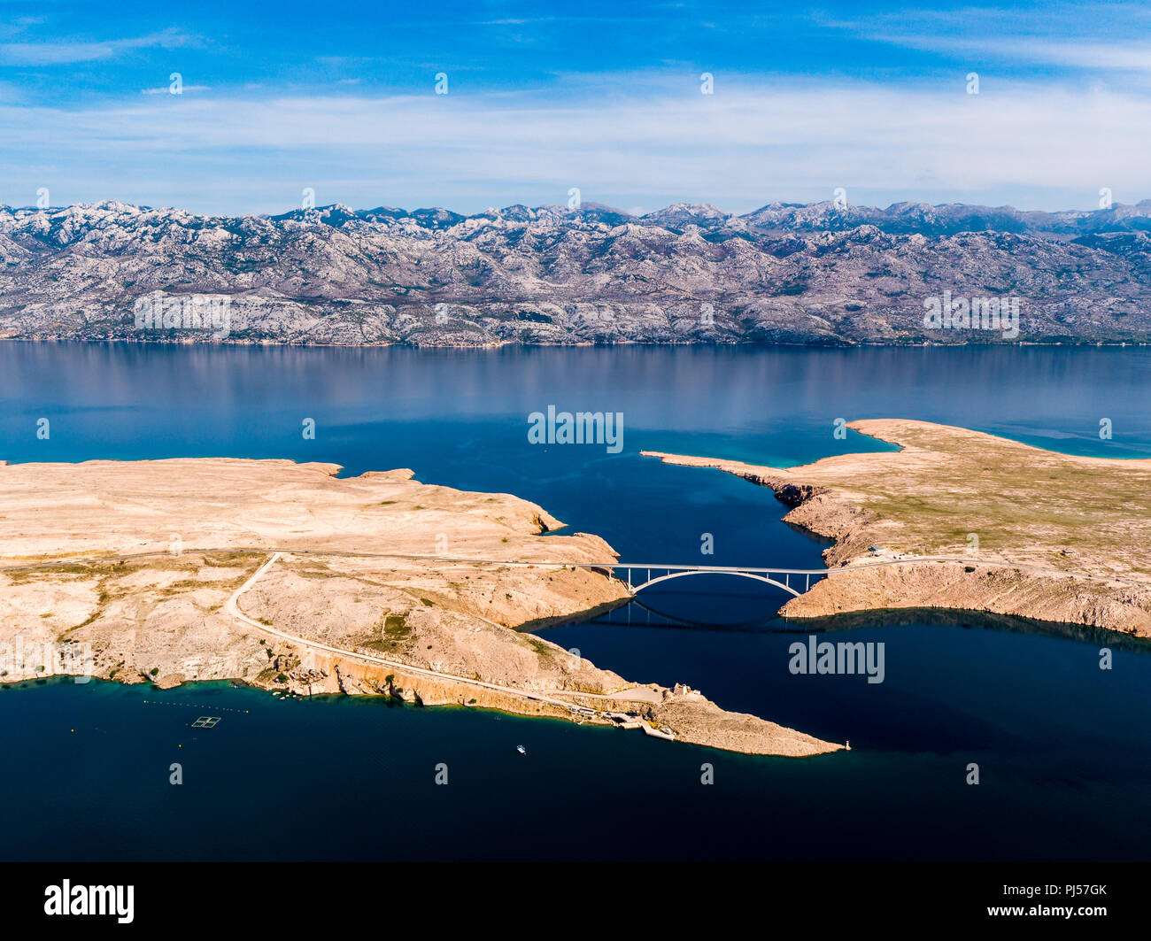 Pag bridge with mountain range Velebit in the background and Adriatic ...