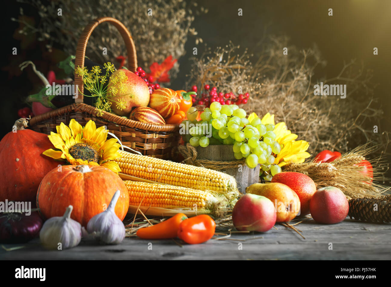 Happy Thanksgiving Day background, wooden table decorated with Pumpkins ...