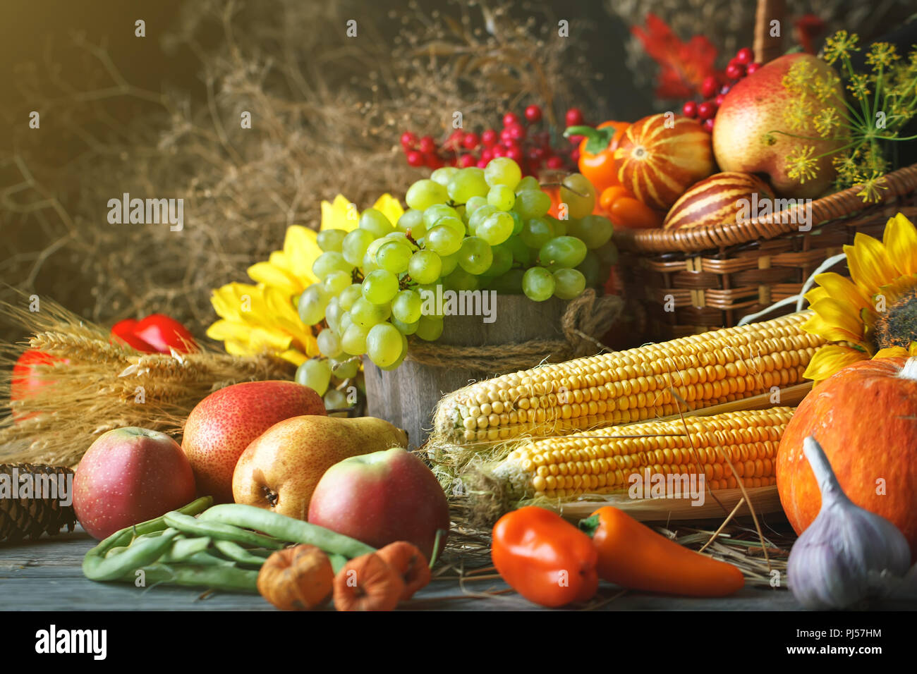 Happy Thanksgiving Day background, wooden table decorated with Pumpkins ...