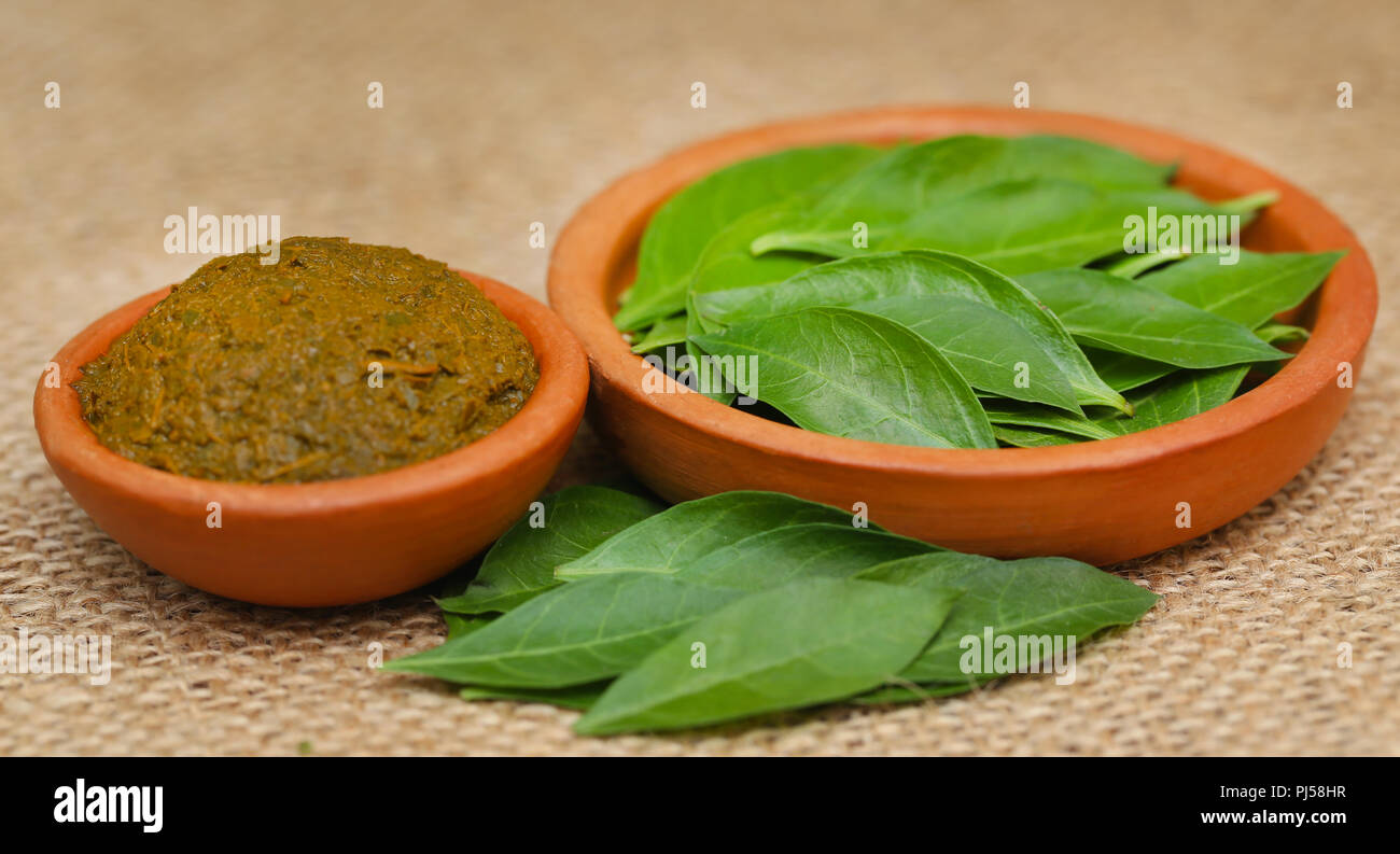 Ayurvedic henna leaves mashed and whole Stock Photo - Alamy