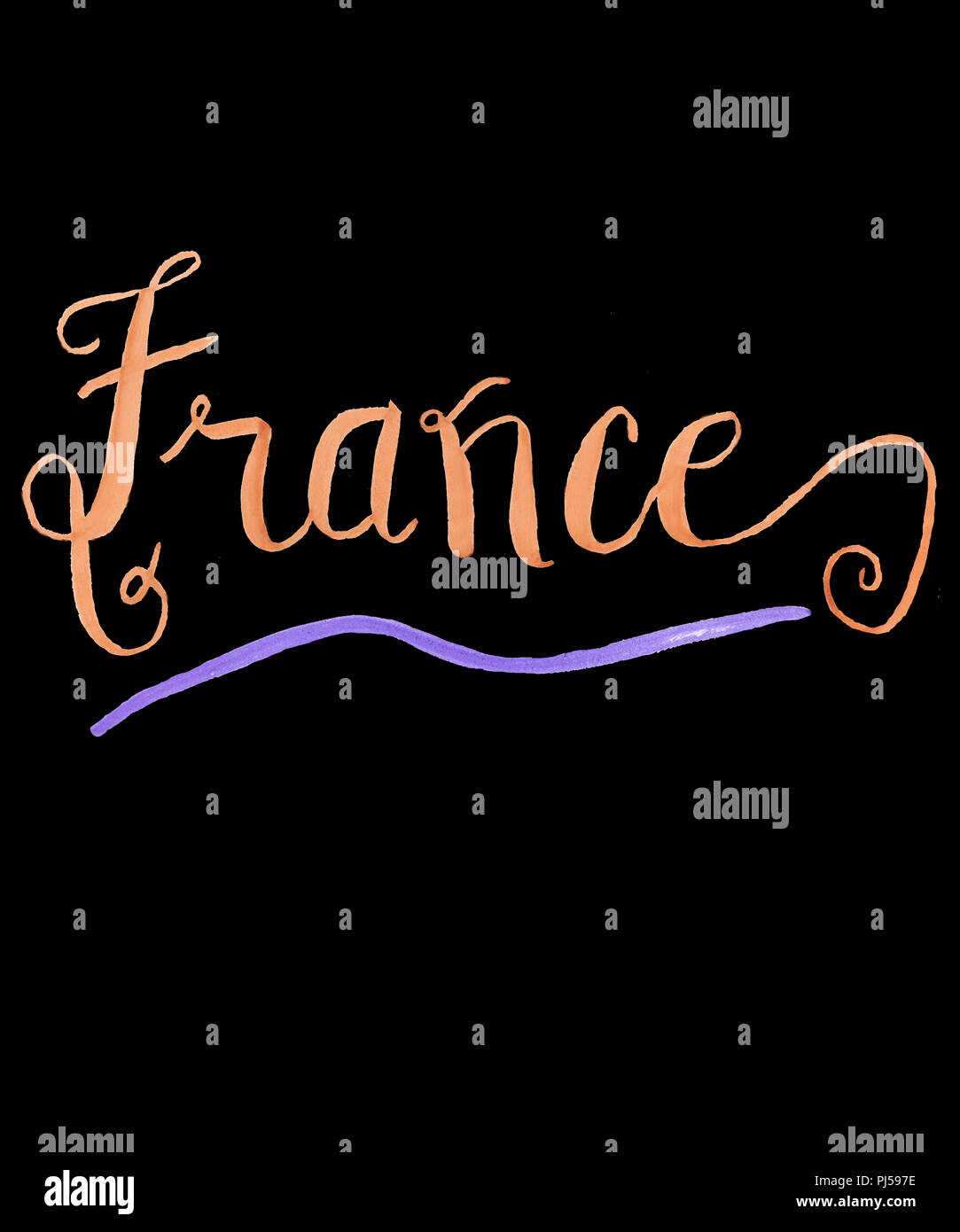 Hand lettered calligraphy of the country of France on a black ...