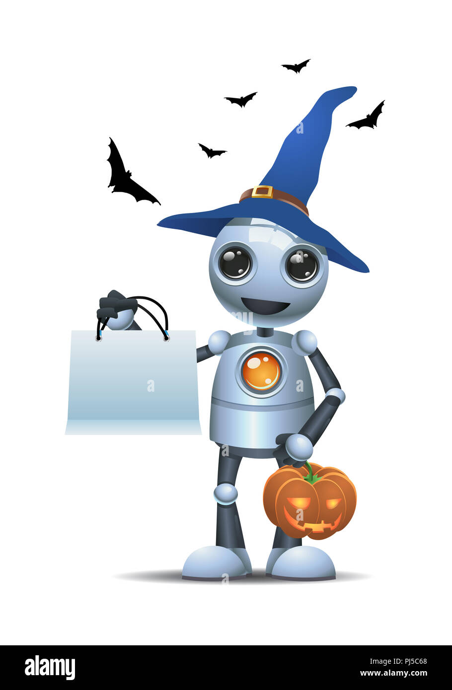 illustration of a happy droid little robot in halloween carrying carved ...