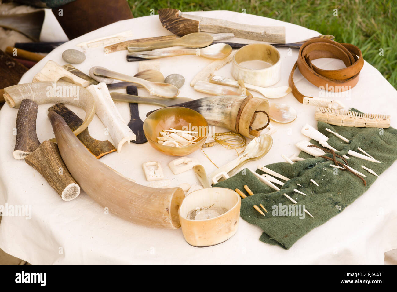 Medieval bone and horn utensils including spoons bowls and pins common ...