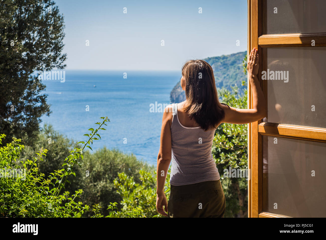 Young woman at a large open window. Summer abstract photo Stock Photo ...