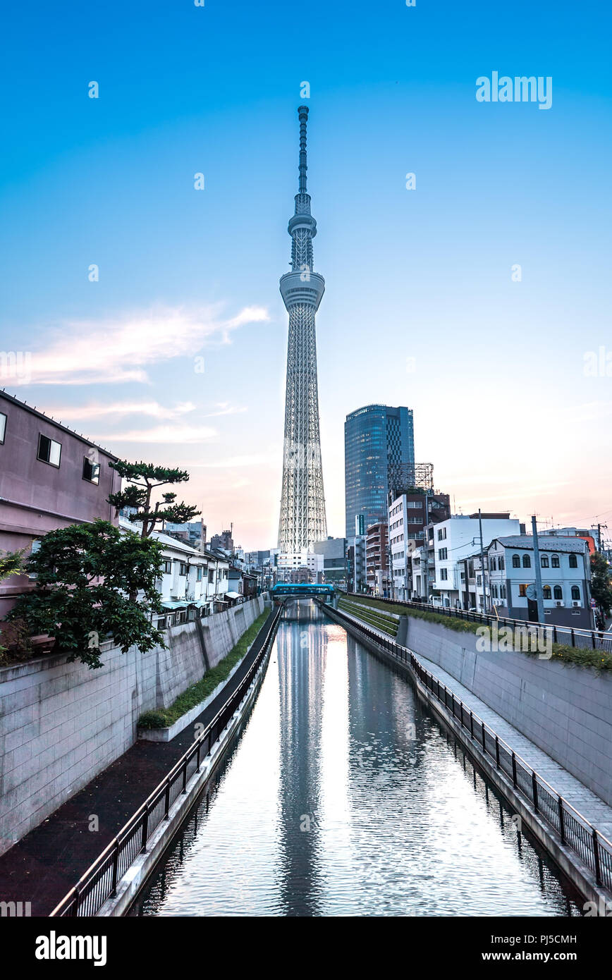 TOKYO, JAPAN - June 22, 2018: Tokyo Sky Tree, sunset and blue sky ...