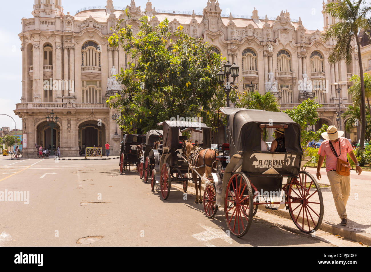 Horse drawn carriages in Parque Central, view to Gran Teatro de La ...