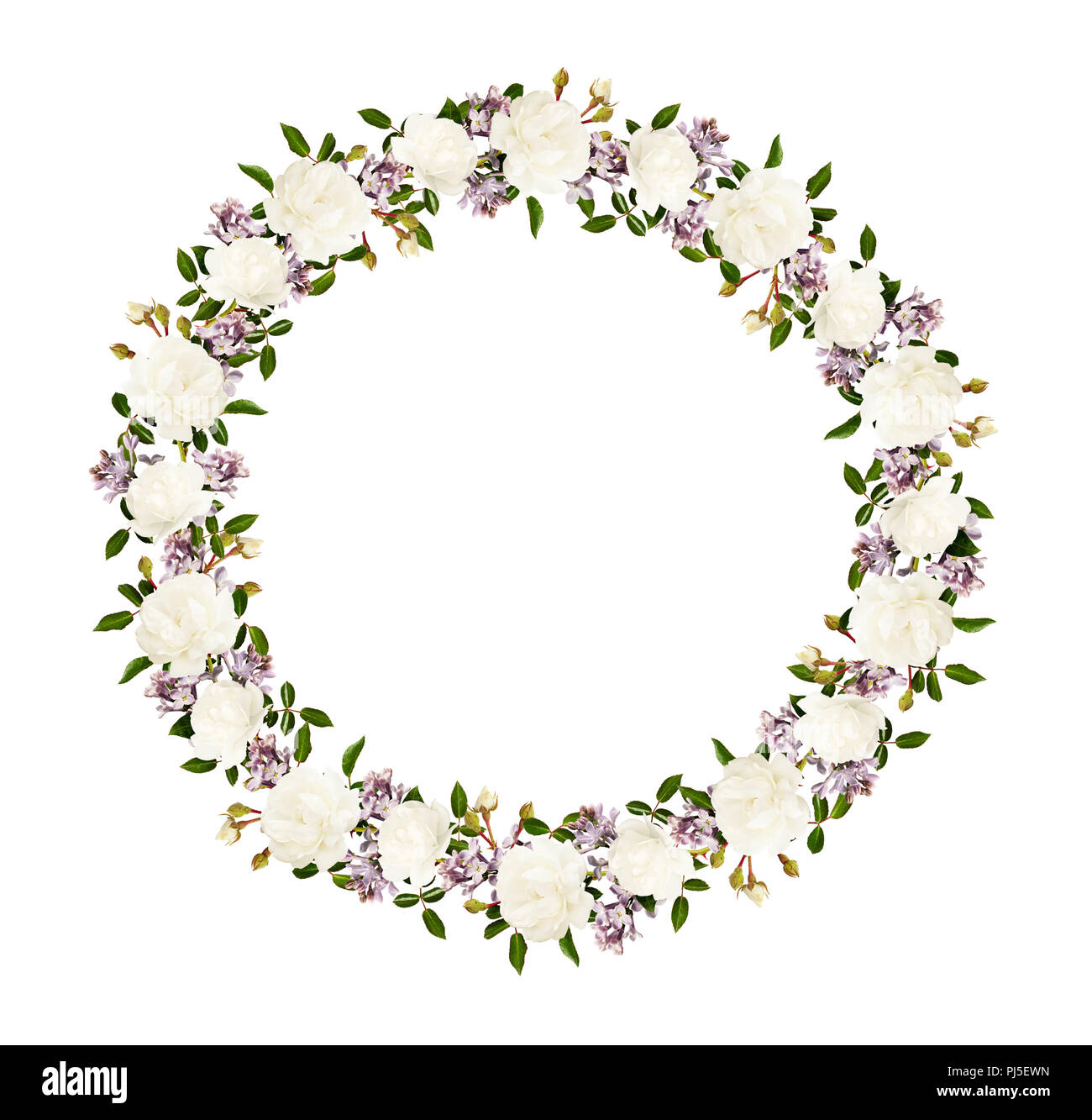 Garden roses and lilac flowers in a round wreath isolated on white ...