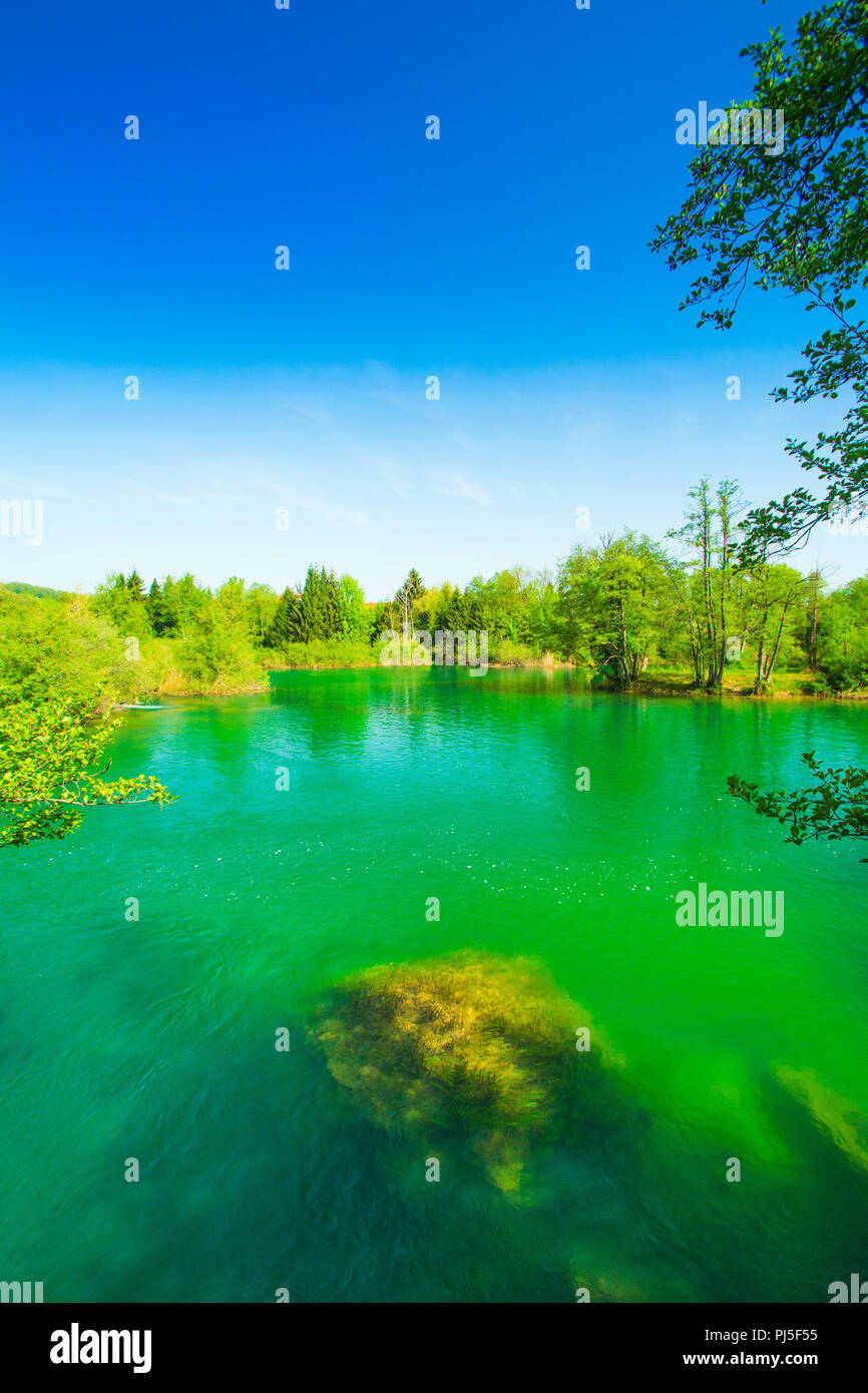 Panoramic view on beautiful green river waterfall on Mreznica, Belavici ...