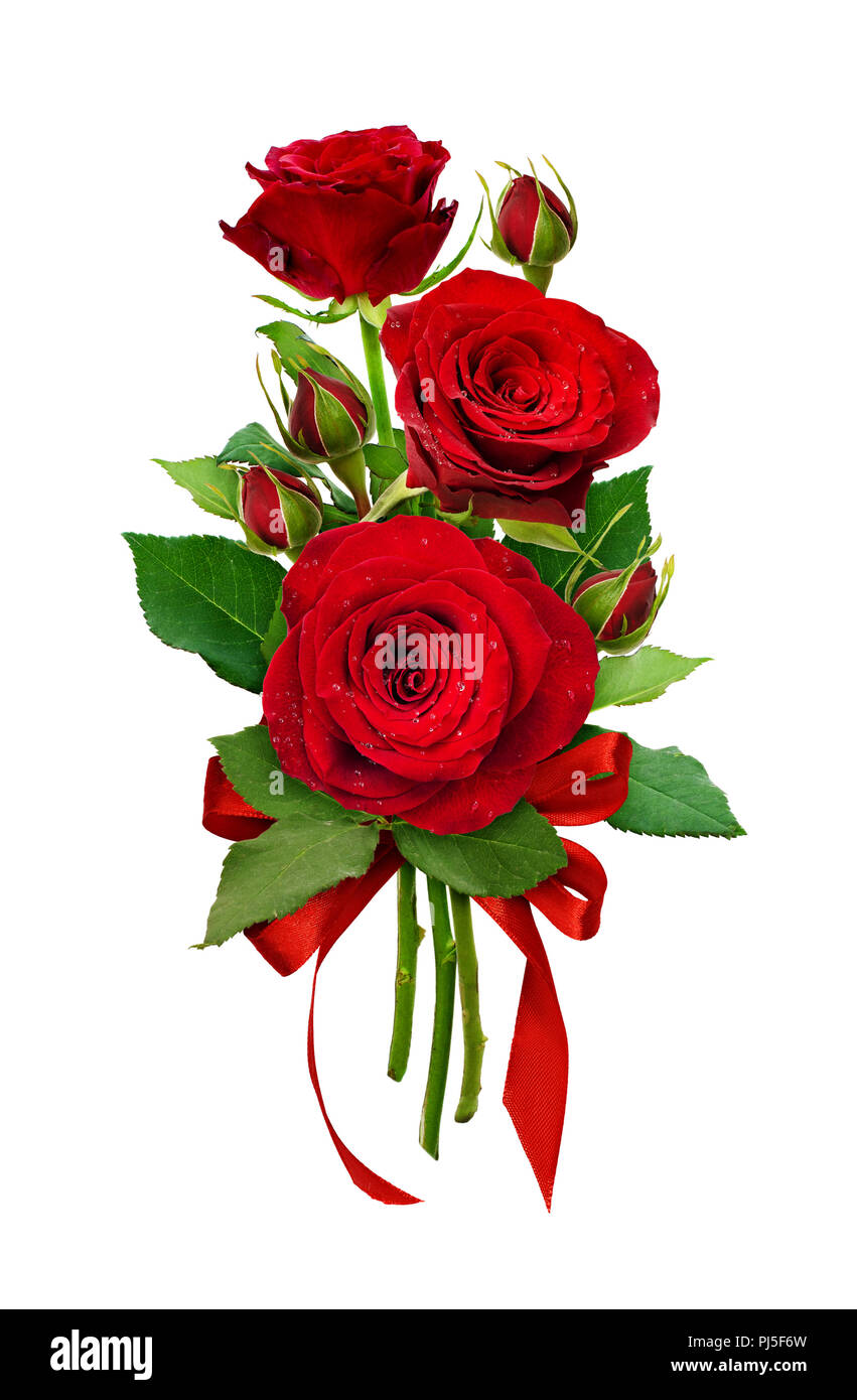 Romantic arrangement with red roses flowers and satin ribbon bow ...