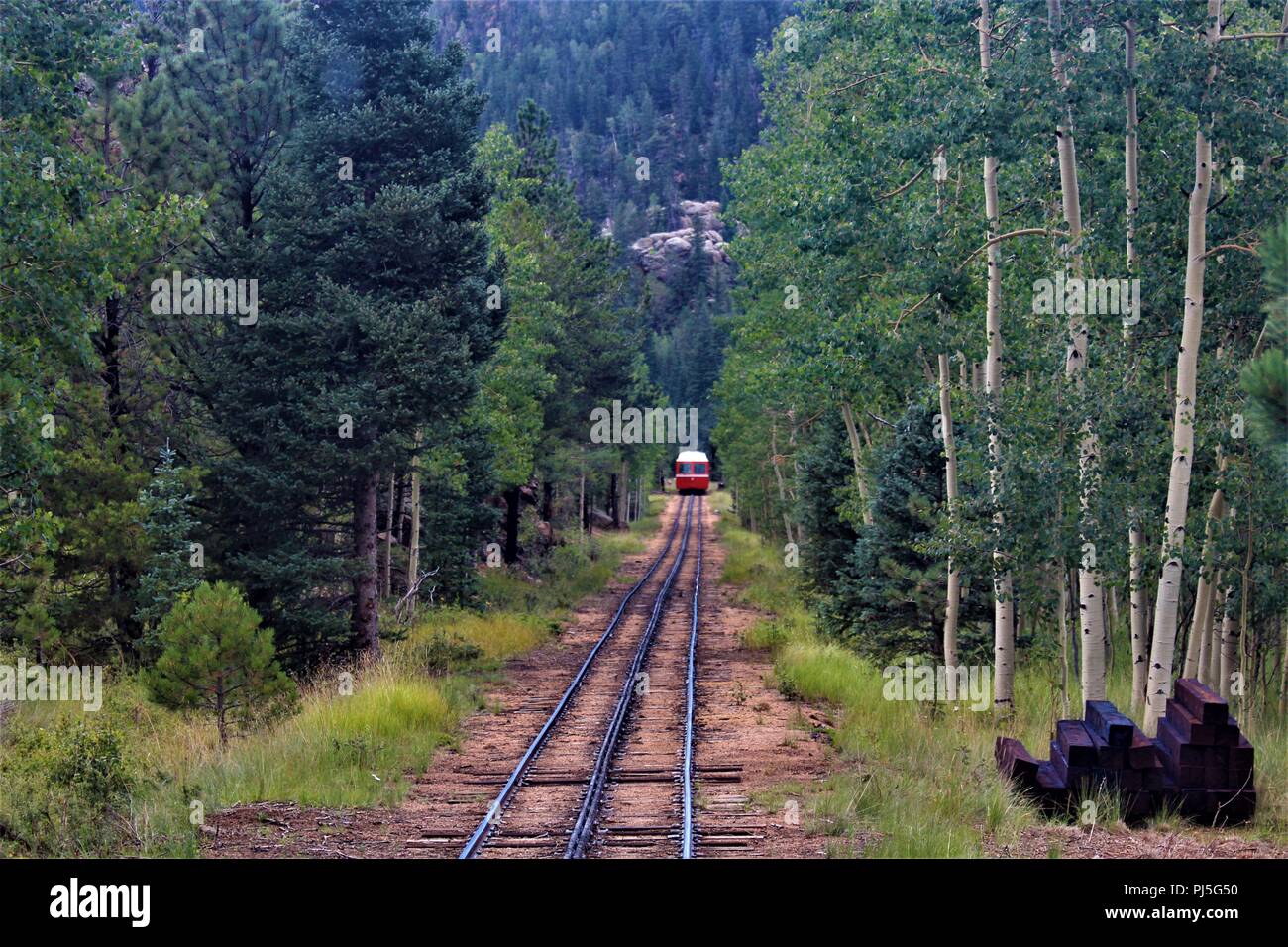 Going Up Pikes Peak in a Cog Train with Pikes Forrest Stock Photo - Alamy