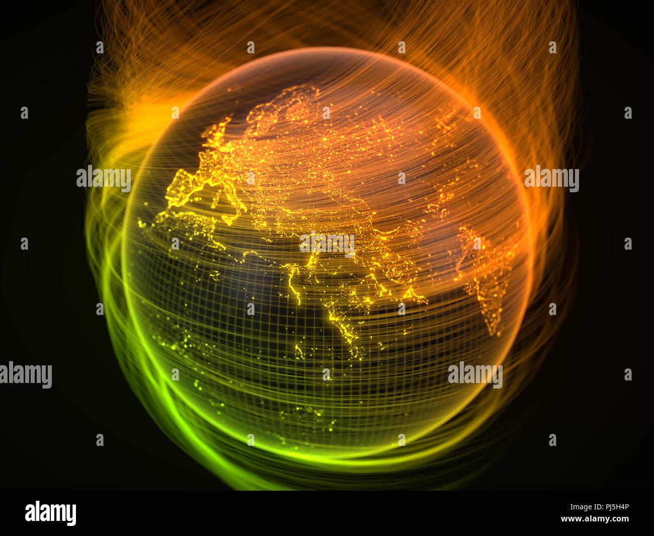 dark earth globe with glowing details and light rays. 3d illustration ...