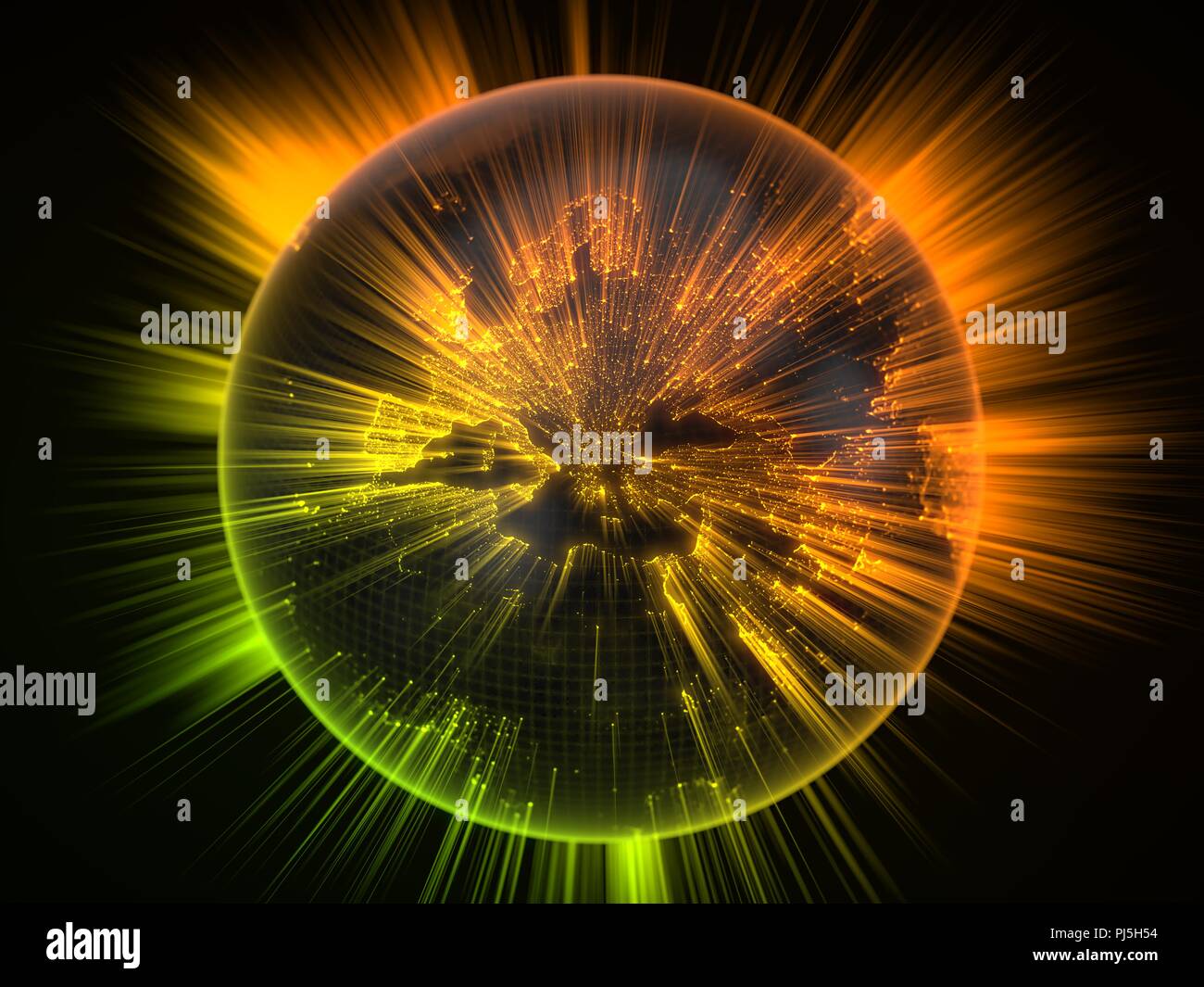 dark earth globe with glowing details and light rays. 3d illustration ...