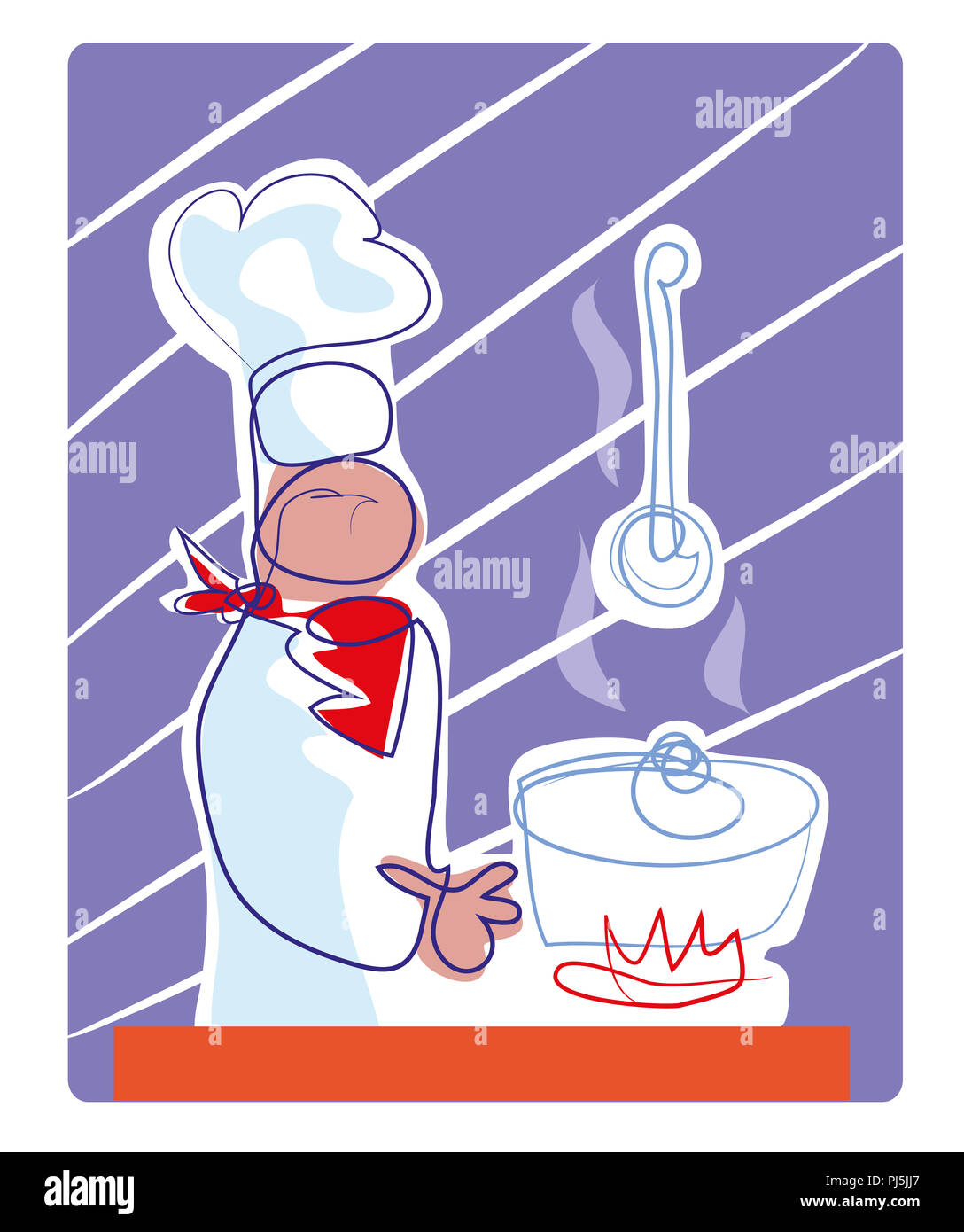 Chef cooking. Simle line illustration of chef cooking. Cooker and big ...