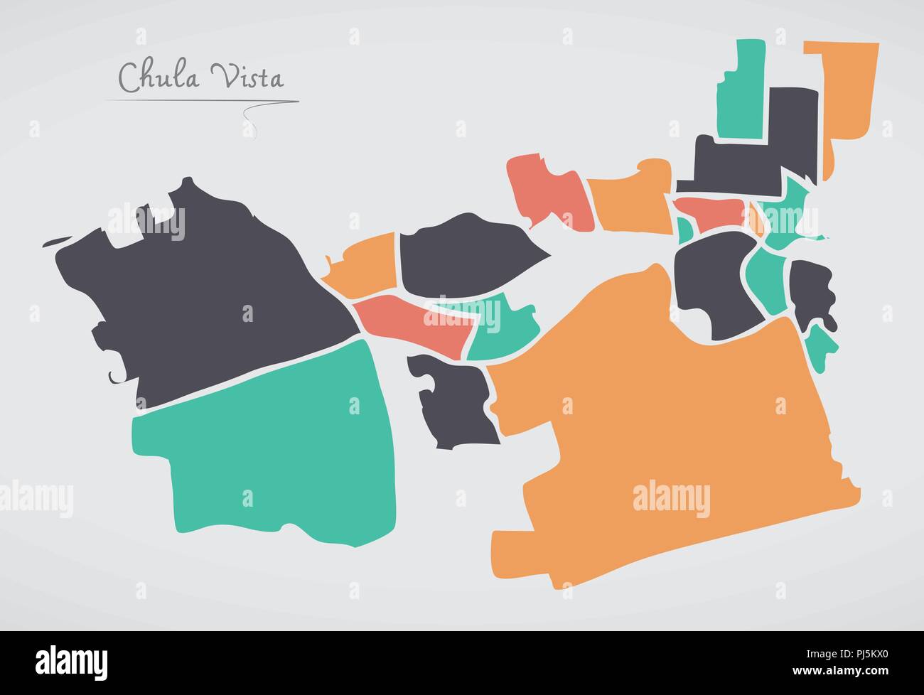 Chula Vista California Map with neighborhoods and modern round shapes ...