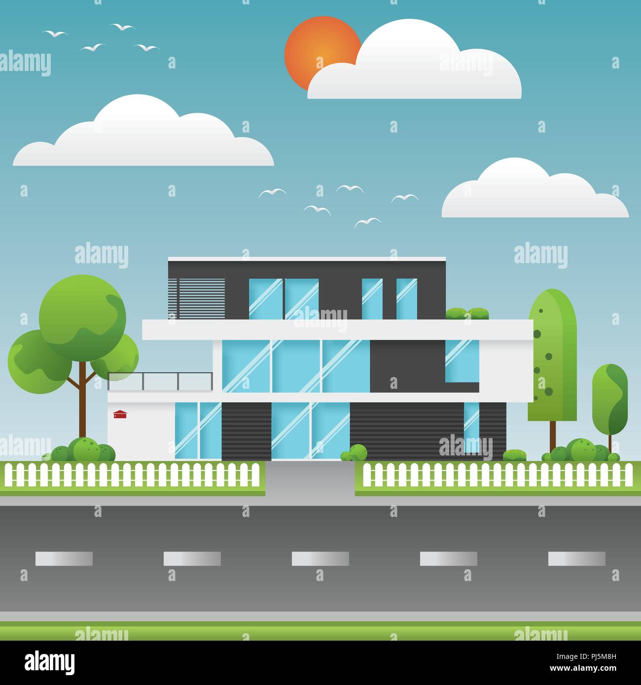 A modern houses and environment with tree, clouds, bird and along the ...