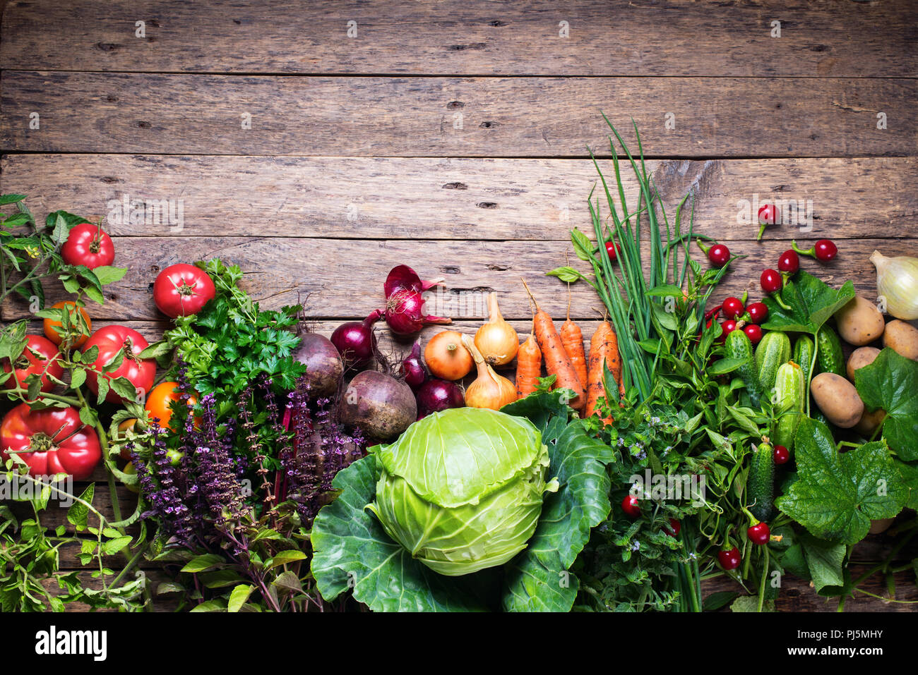 Assortment Raw Fresh Organic Vegetables Row Frame Wooden Background ...