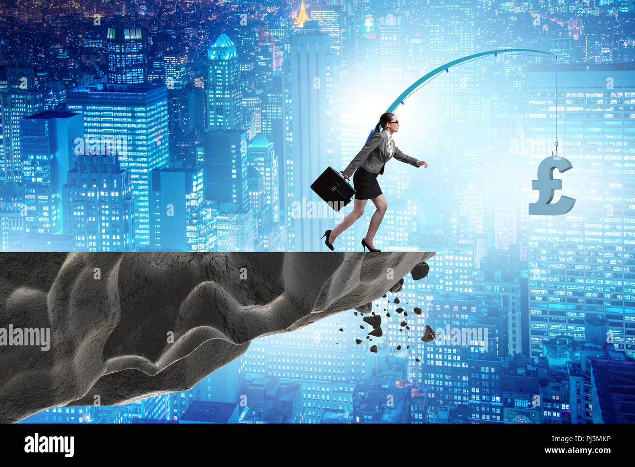 Businesswoman chasing money on fishing rod Stock Photo - Alamy