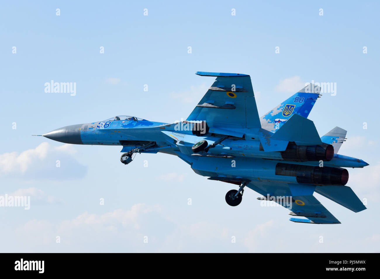 Ukrainian Air Force Sukhoi Su-27 Flanker fighter jet plane flying at ...