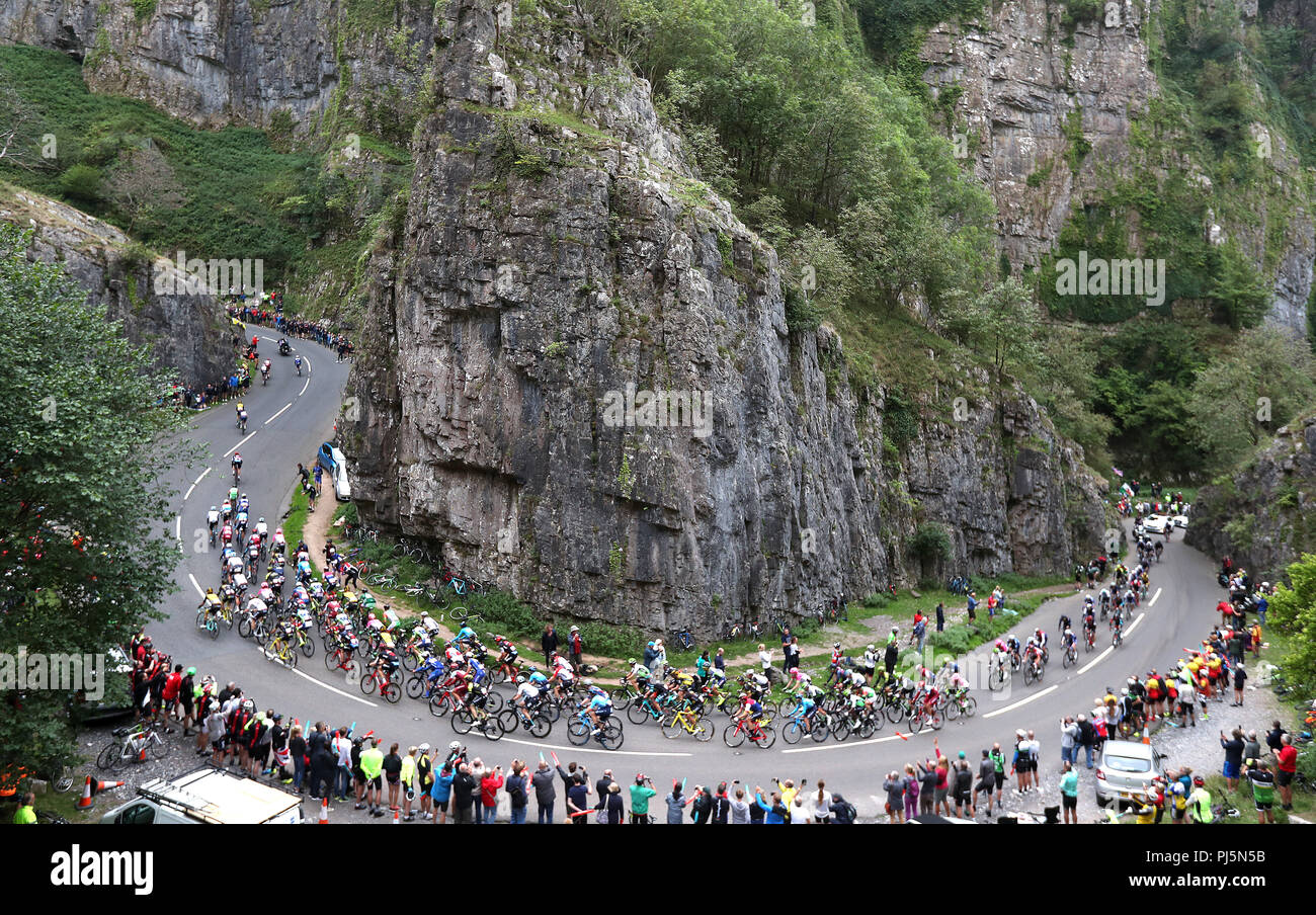 The Peloton climb up The Cheddar Gorge during stage three of the Ovo ...