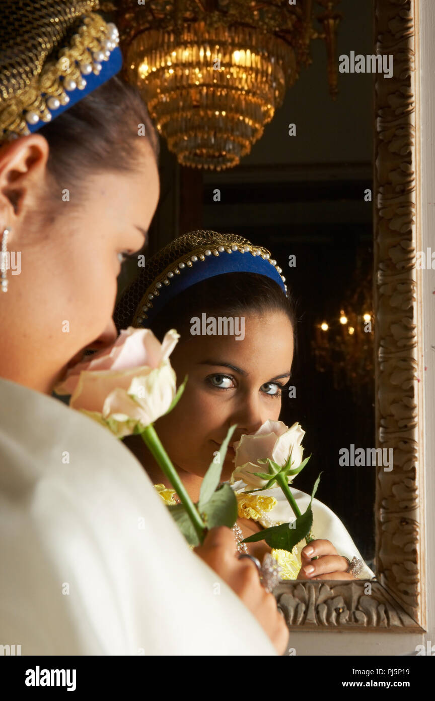 Beautiful young victorian lady in front of a mirror in Castle "Den ...