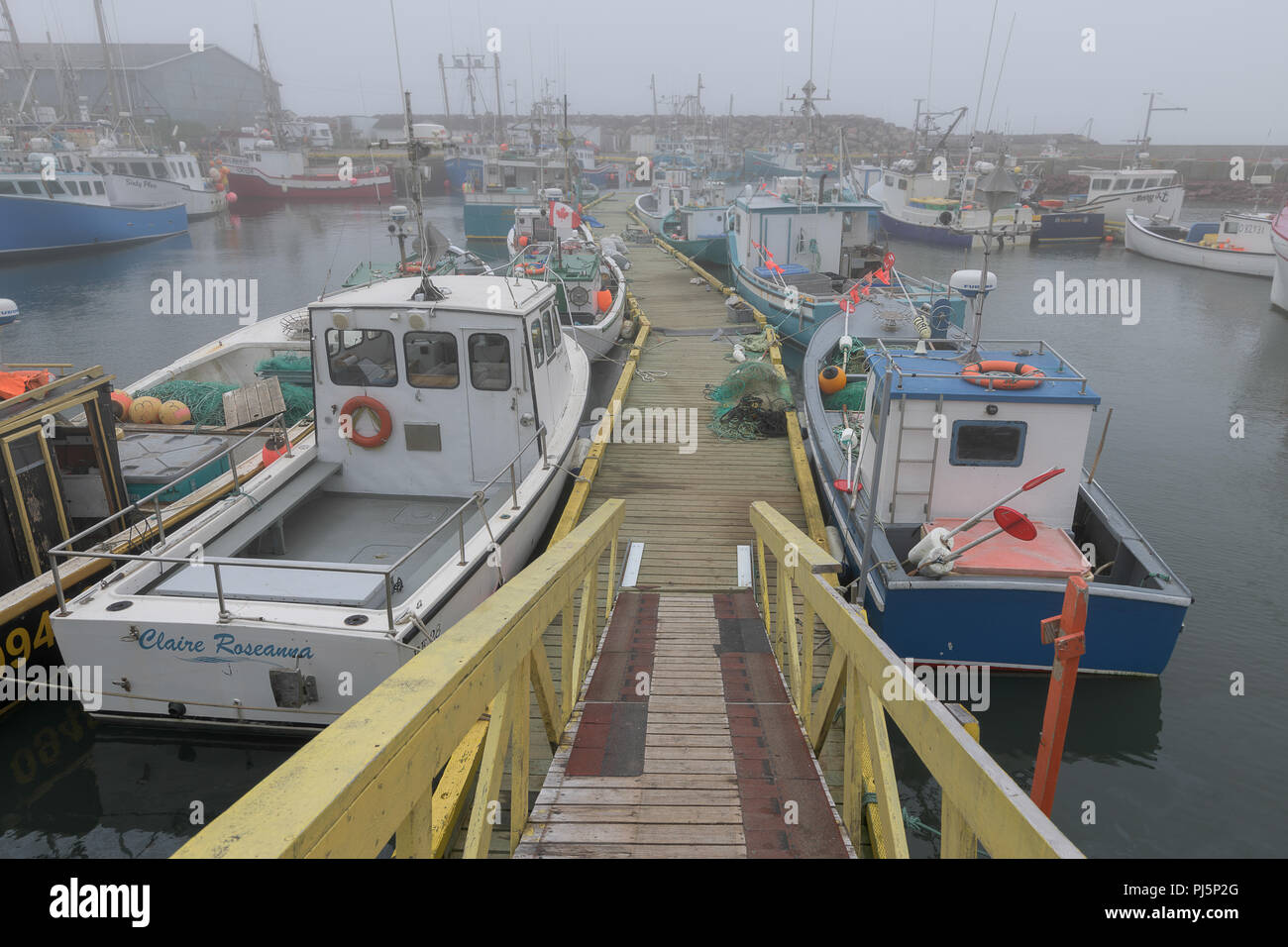 Fishing boats in foggy harbor in Saint Bride's, Newfoundland and ...