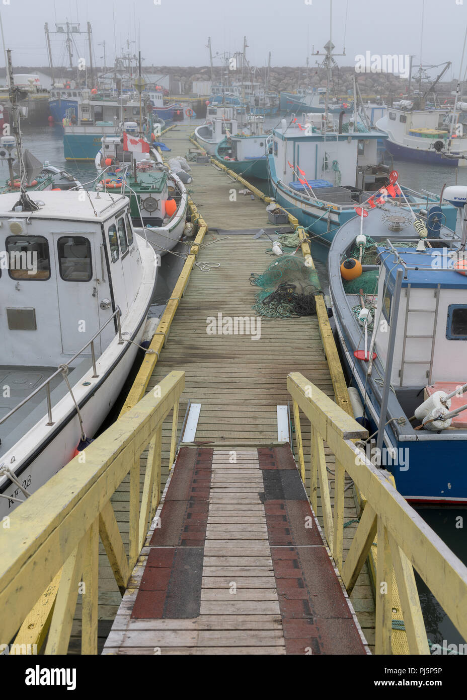 Fishing boats in foggy harbor in Saint Bride's, Newfoundland and ...