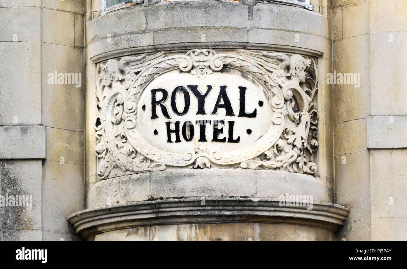 Sign outside the Royal hotel in the High Street at the town centre of ...