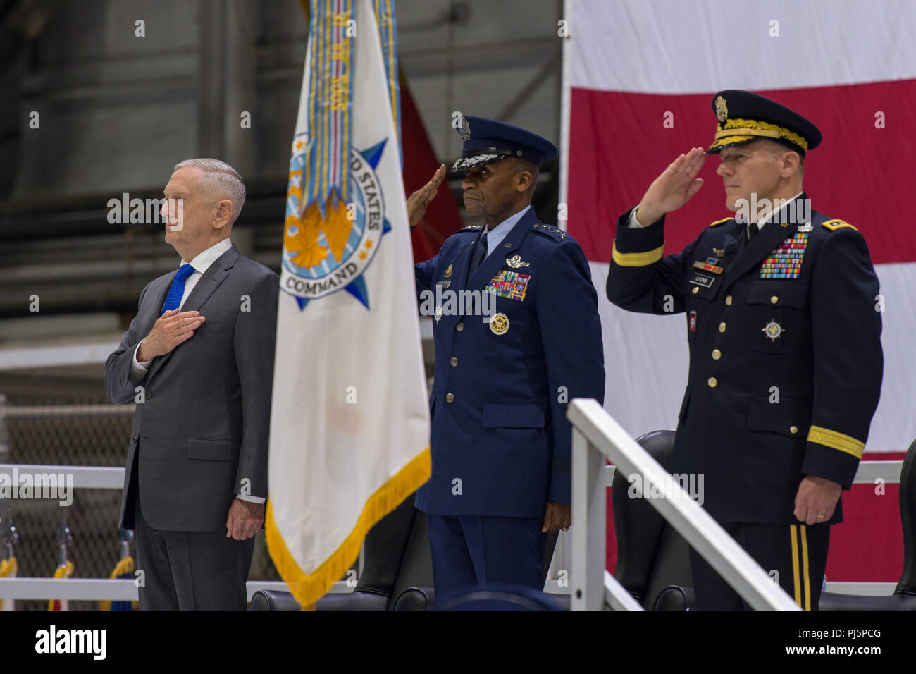 U.S. Secretary of Defense James N. Mattis (left), U.S. Air Force Gen ...