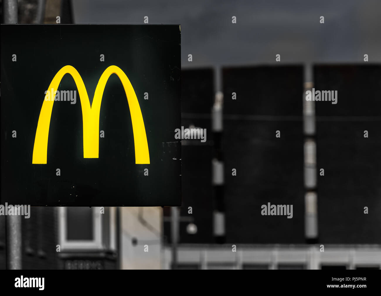 McDonald's sign in the High Street at the town centre of Kettering ...