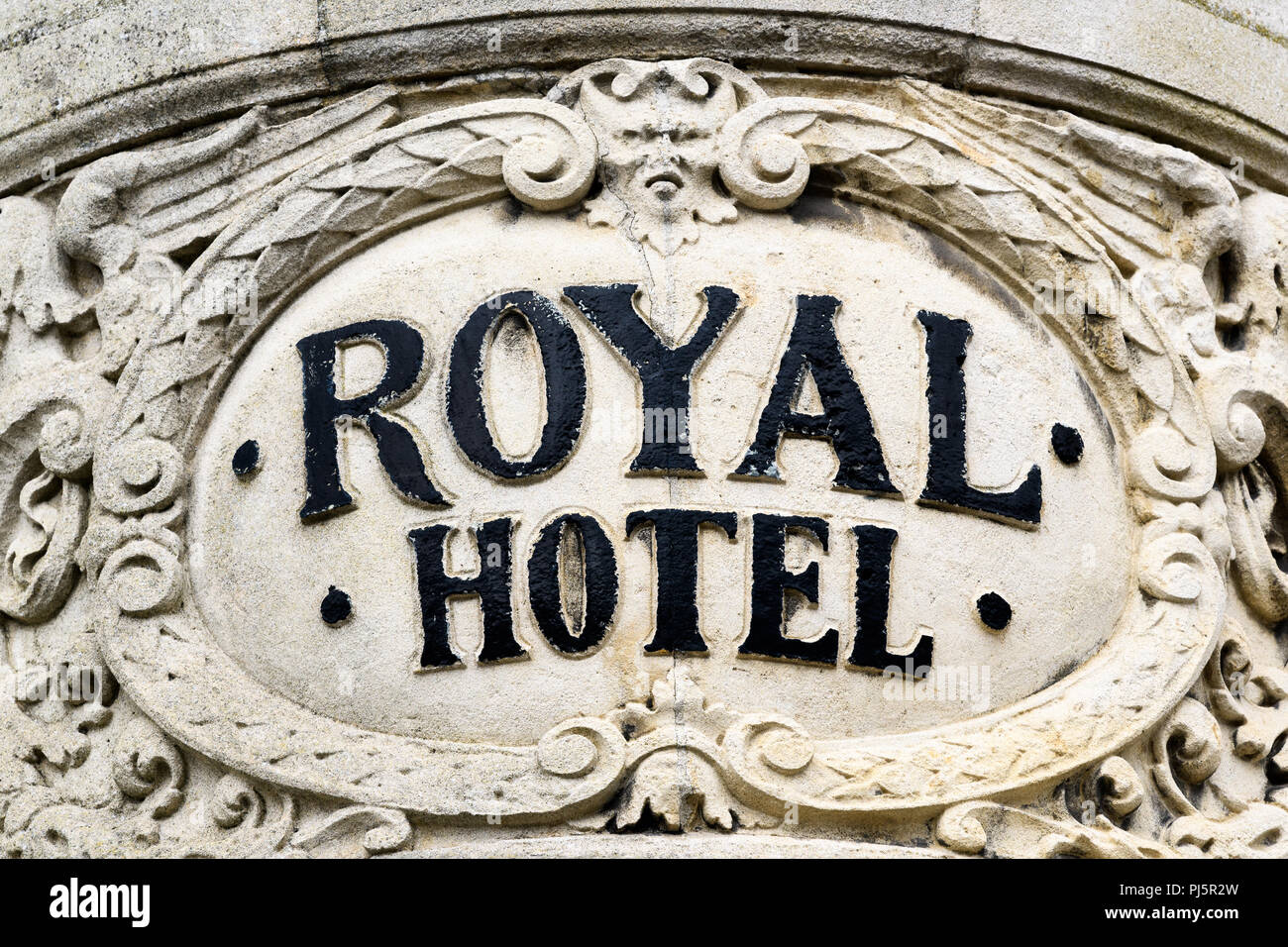Sign outside the Royal hotel in the High Street at the town centre of ...