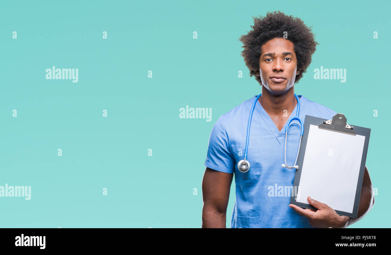 Afro american surgeon doctor holding clipboard man over isolated ...
