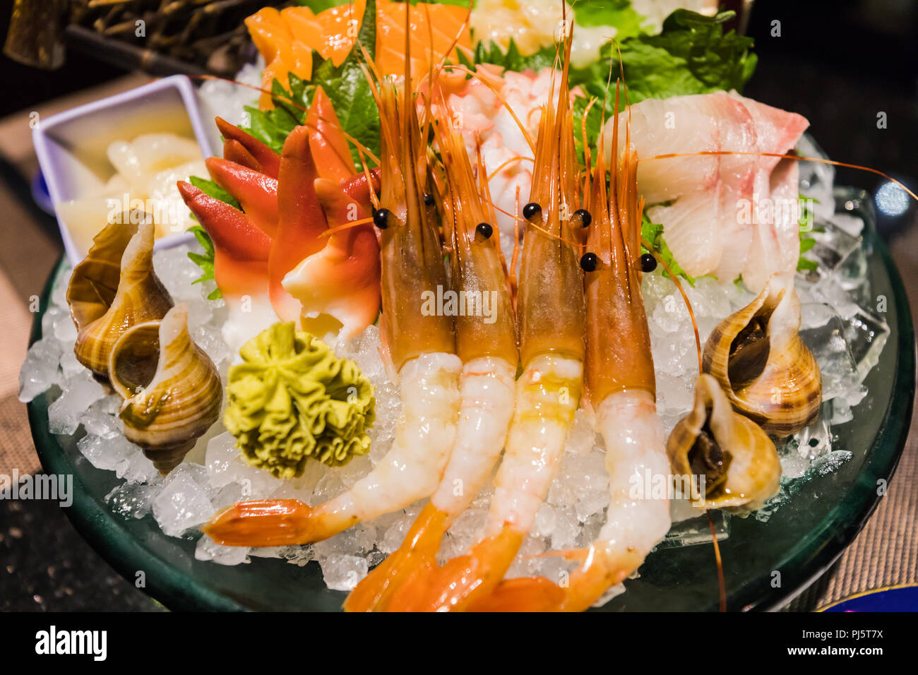 Closeup view of typical Japanese food Sashimi, a Japanese delicacy ...