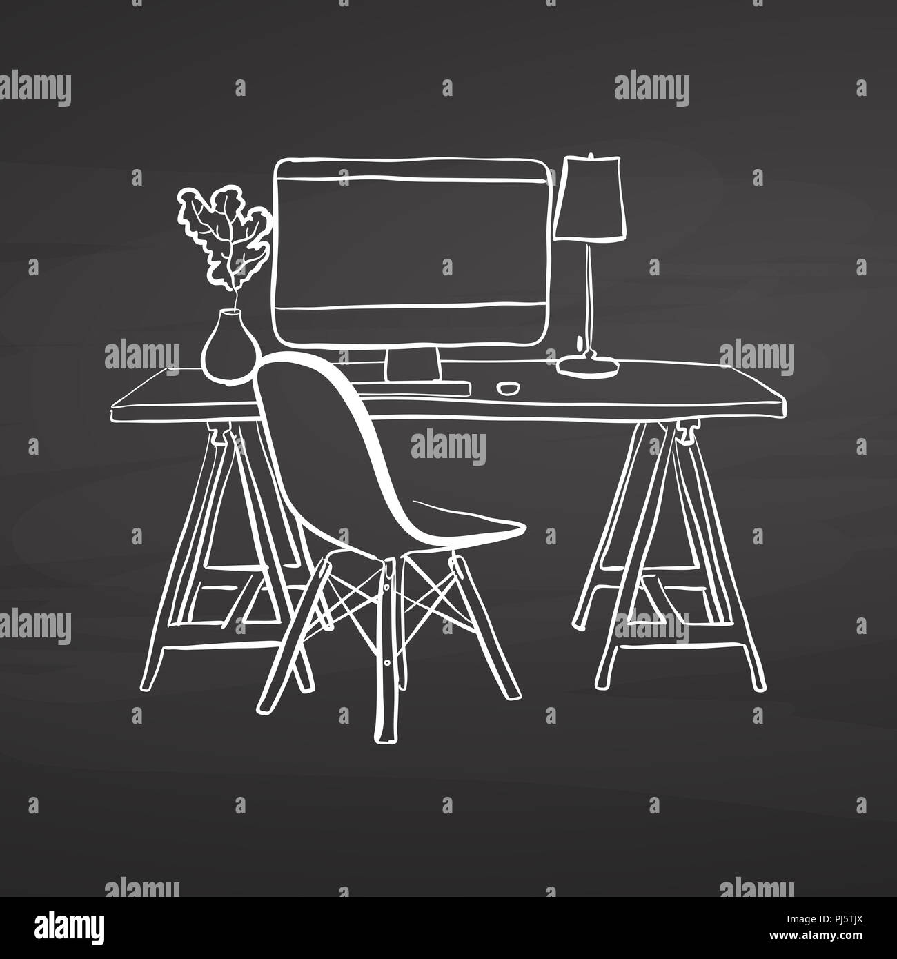 office desk drawing on chalkboard. hand-drawn vector sketch. business ...